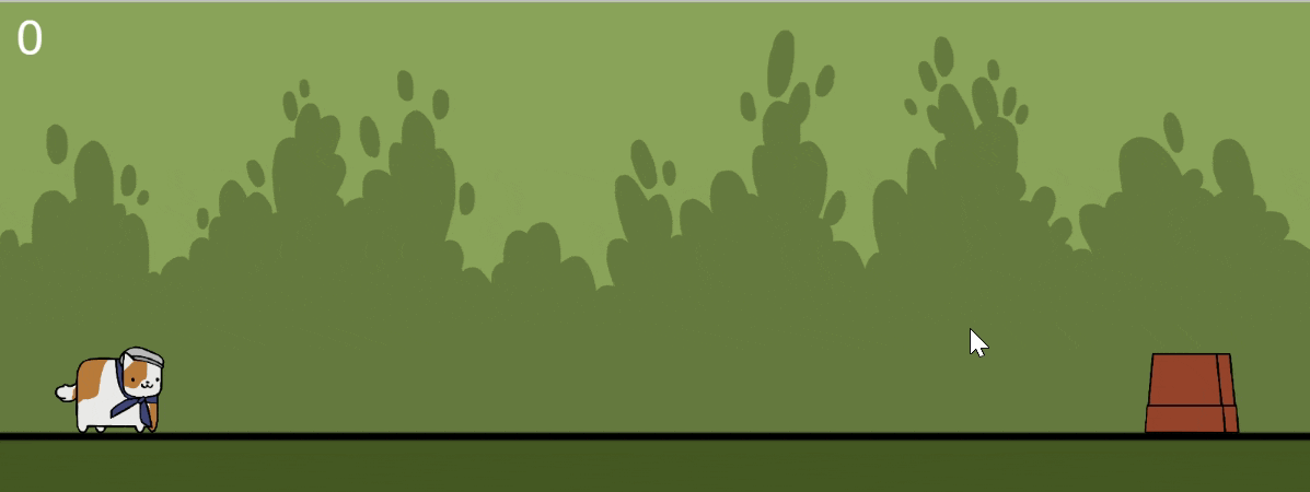 GIF of 2D endless runner game where cat jumps over obstacles